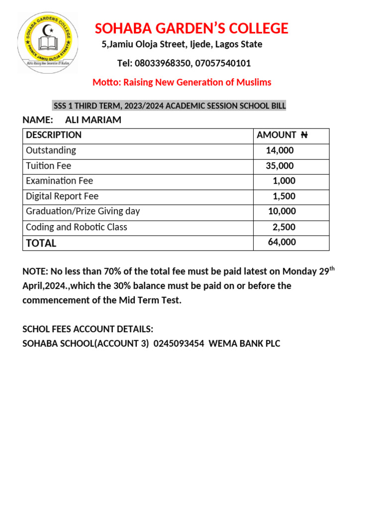 Sohaba Garden Ali Mariam SSS1 | PDF