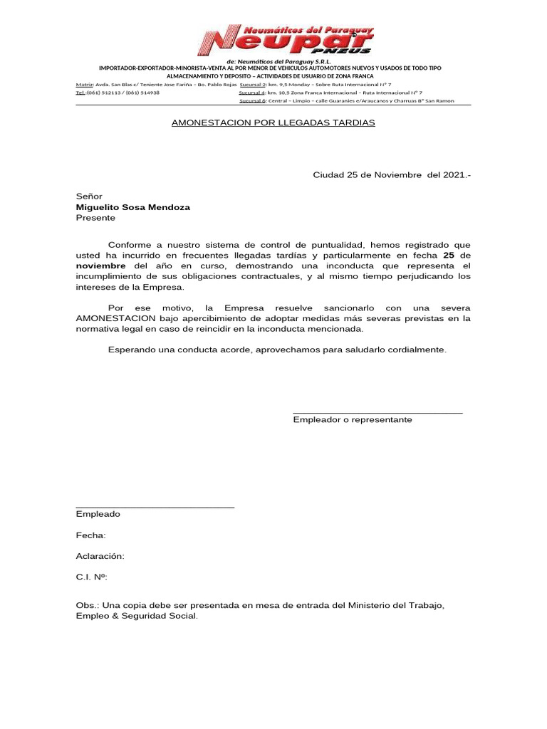 Amonestacion Por Llegada Tardia | PDF