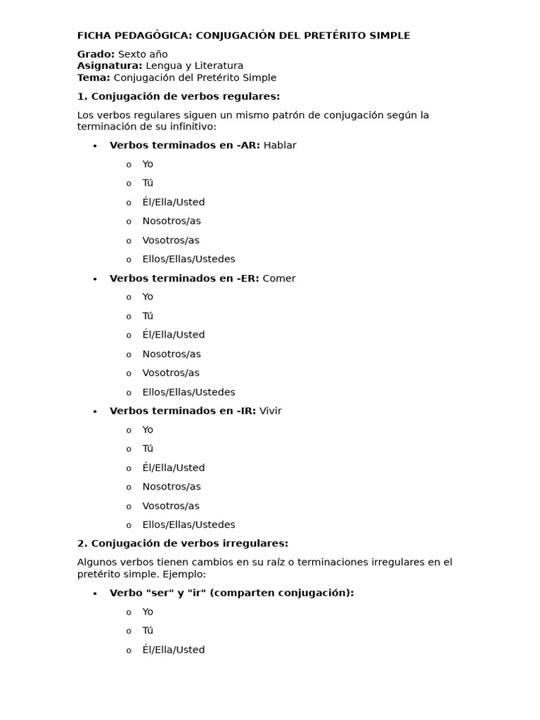 Ficha Pedagógica Preterito Simple | PDF | Verbo | Conjugación gramatical