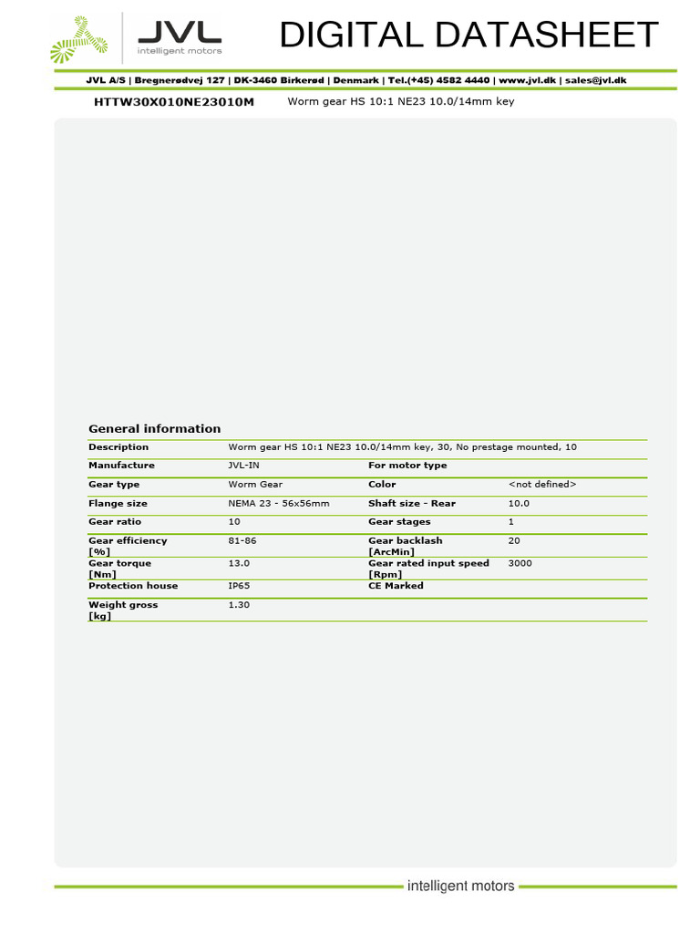 JVL Worm Gear HS 10:1 NE23 Datasheet | PDF | Gear | Torque
