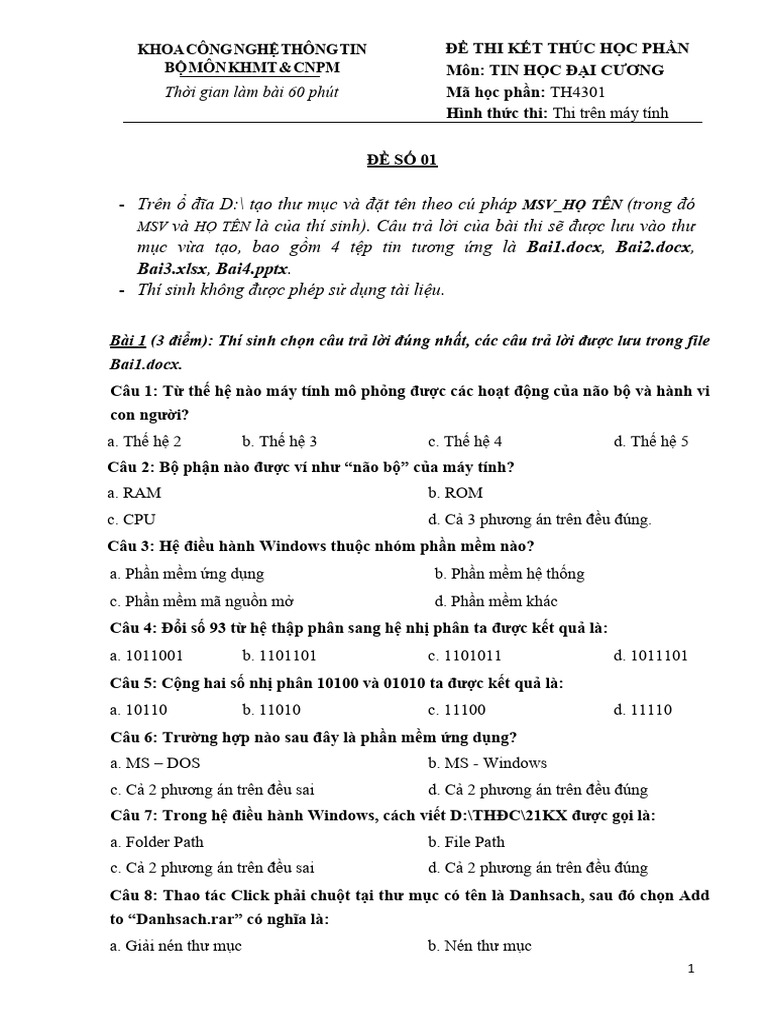Bai1.docx Bai2.docx Bai3.xlsx Bai4.pptx: TH I Gian Làm Bài 60 Phút | PDF