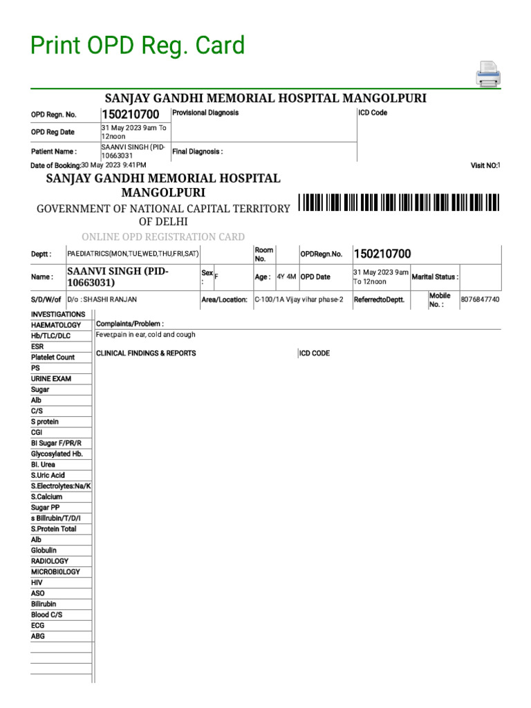 Print OPD Reg. Card: Sanjay Gandhi Memorial Hospital Mangolpuri | PDF