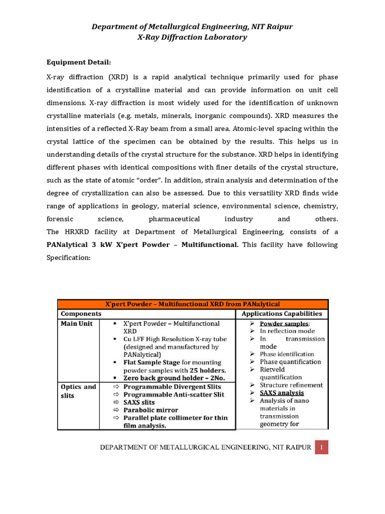 XRD - Lab and Charges Details | PDF | X Ray Crystallography | Condensed ...