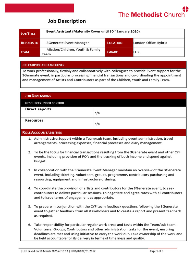Job Description Event Assistant - Maternity Cover Mar 2025 | PDF ...