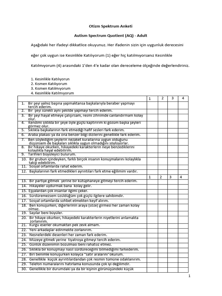 Otizm Spektrum Anketi Autism Spectrum Quotient (AQ) - Adult | PDF