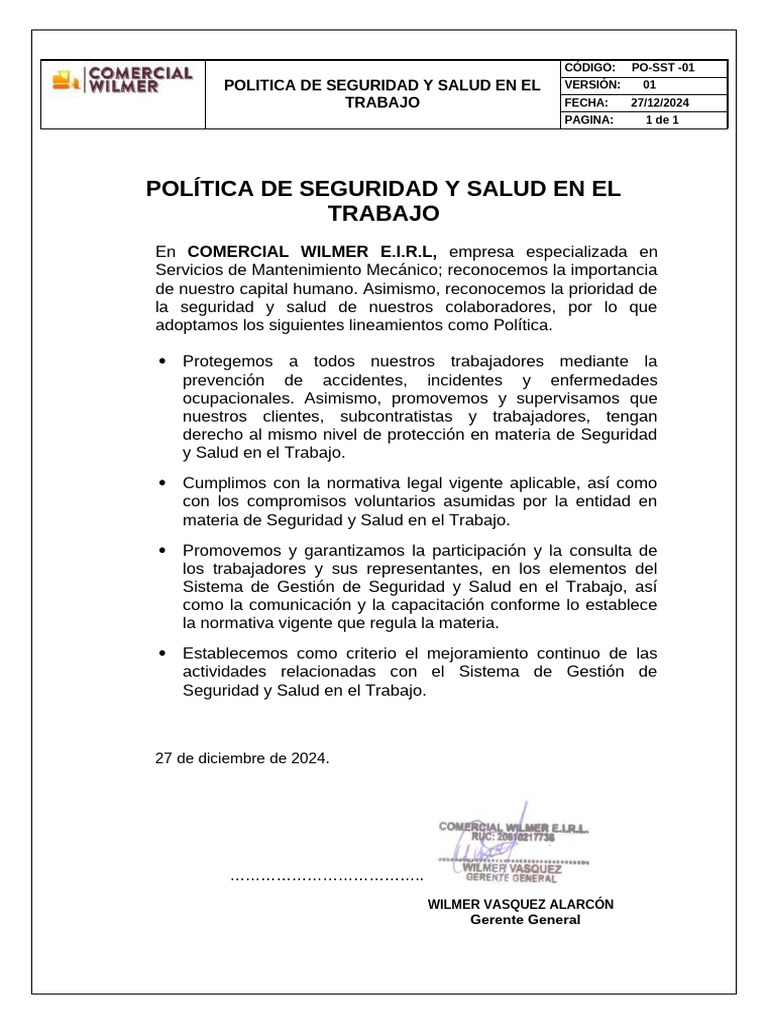 Politica de Seguridad y Salud en El Trabajo-comercial Wilmer | PDF