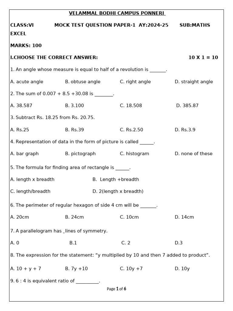 C6 Grand Test Mock Test QP-1 - 2024-25 | PDF | Area | Mathematics