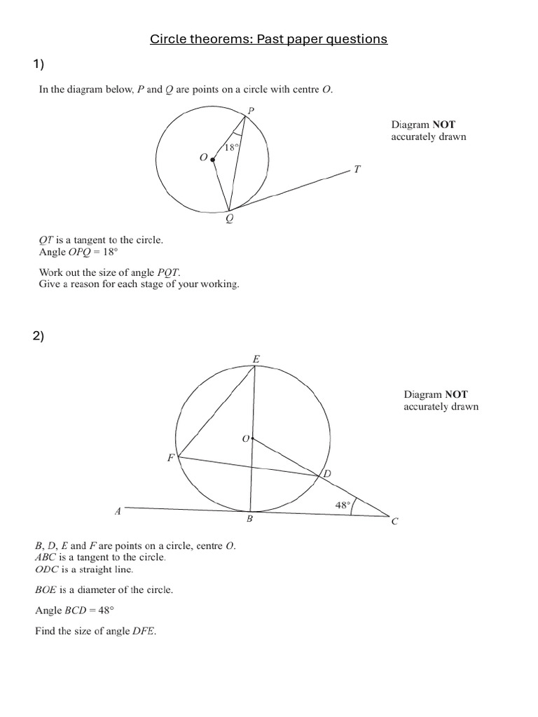 Circle Theorems: Past Paper Questions 1) | PDF