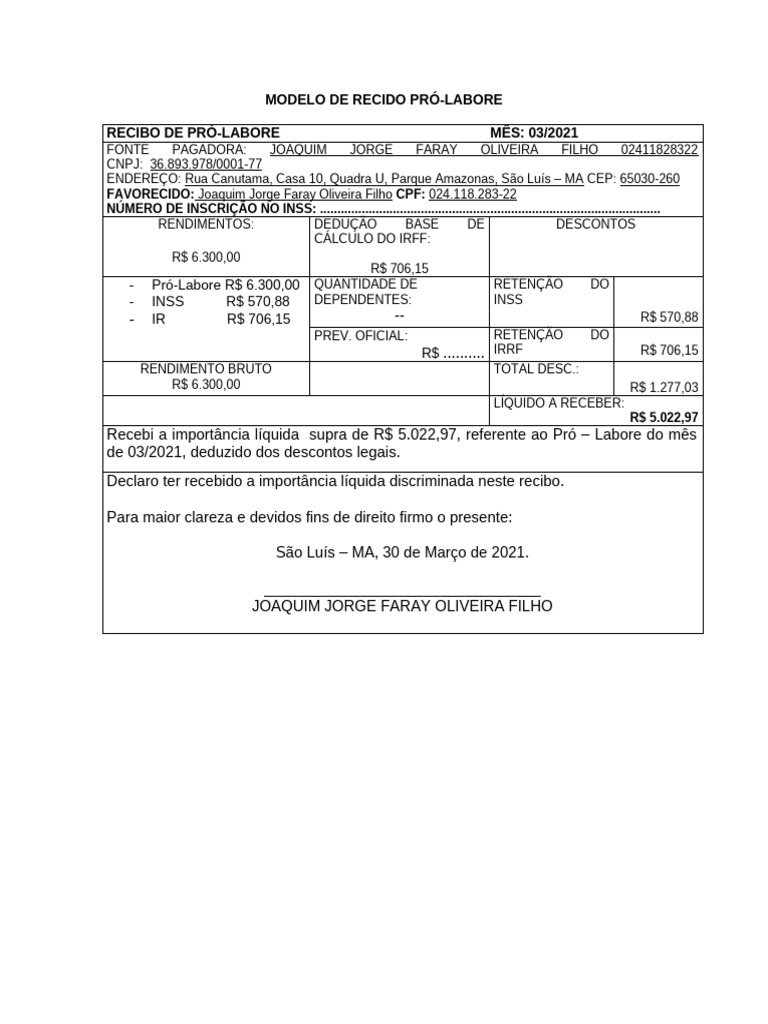 Modelo Recibo Pro Labore | PDF