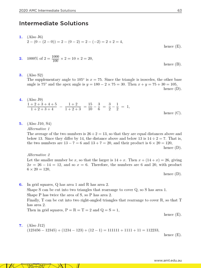 2020 AMC Intermediate Solutions | PDF | Area | Triangle