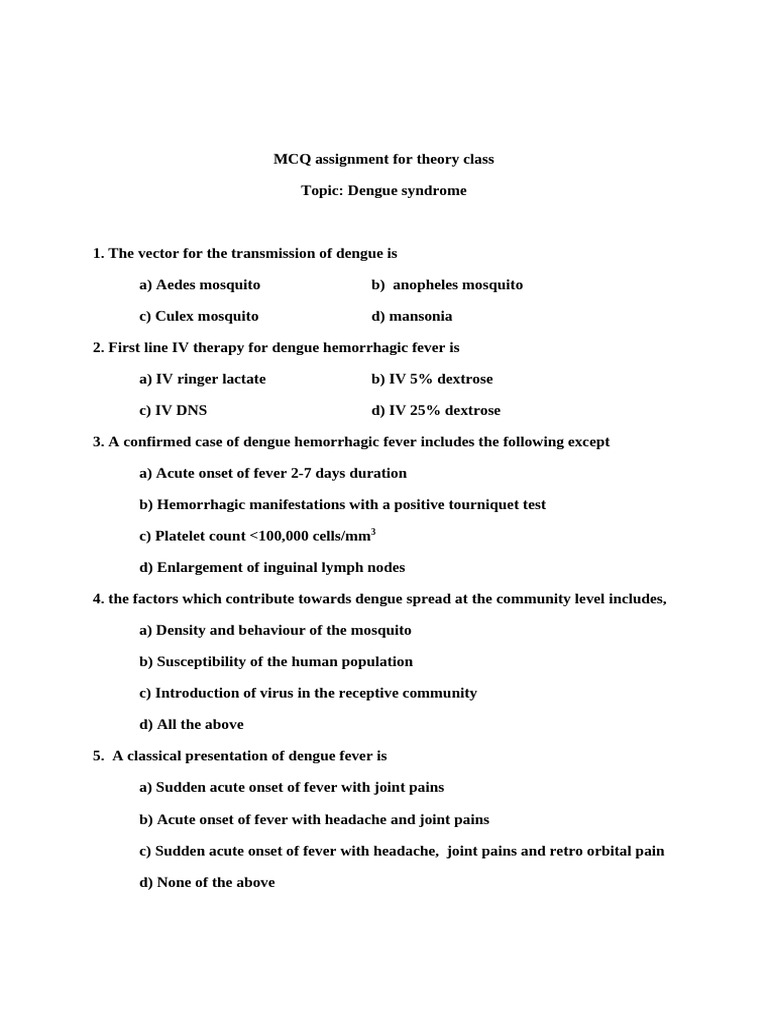 MCQ Assignment For Theory Class - Dengue | PDF