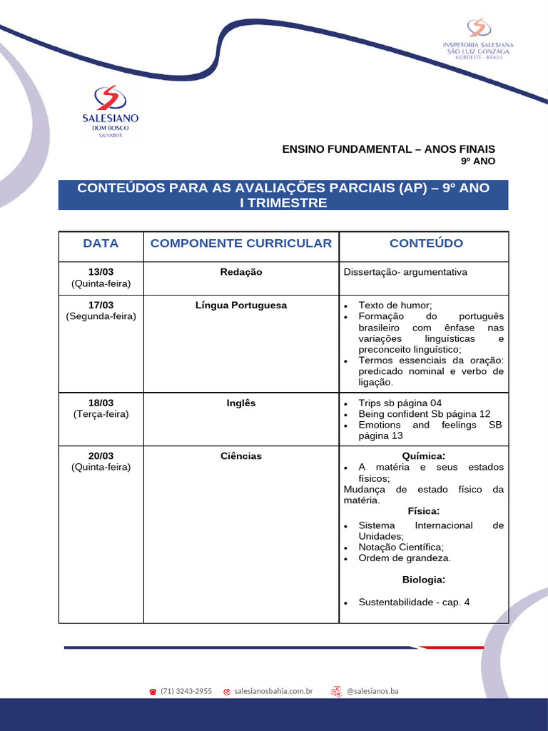 CONTEÚDO PROGRAMATICO - 9ºANO - I TRIMESTRE | PDF