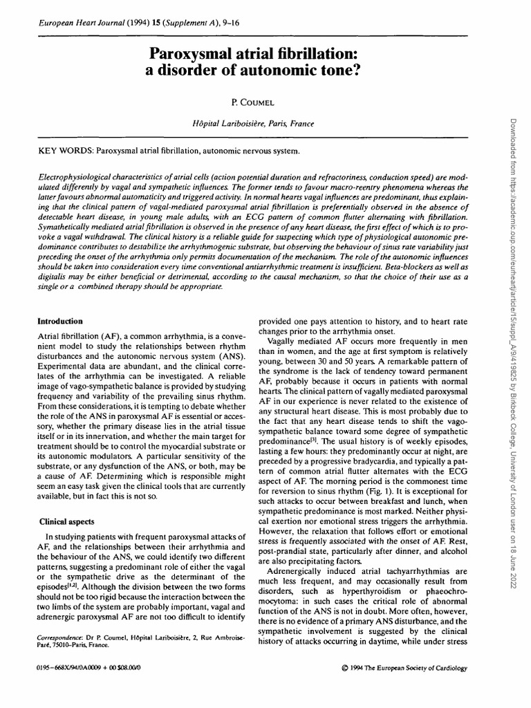 Coumel - Paroxysmal Atrial Fibrillation A Disorder of Autonomic Tone ...