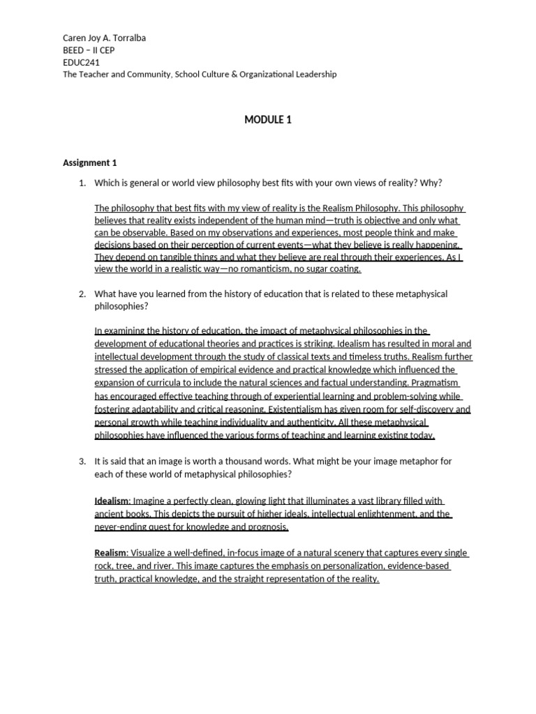 EDUC241 The Teacher and Community, School Culture Organizational Leadership | PDF ...