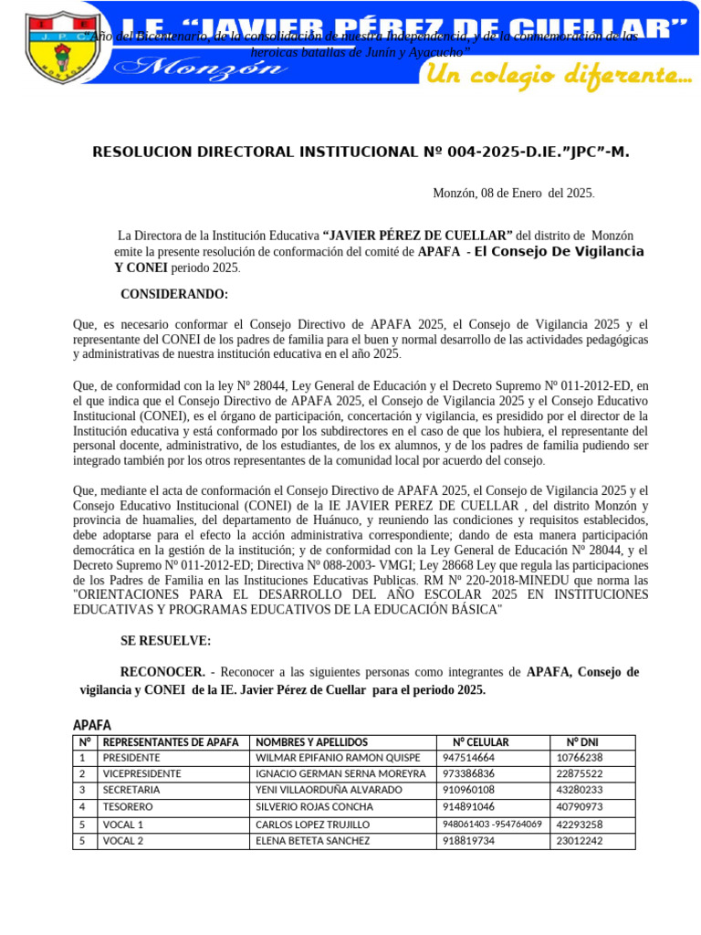 Resolucion Apafa y Conei 2025 | PDF