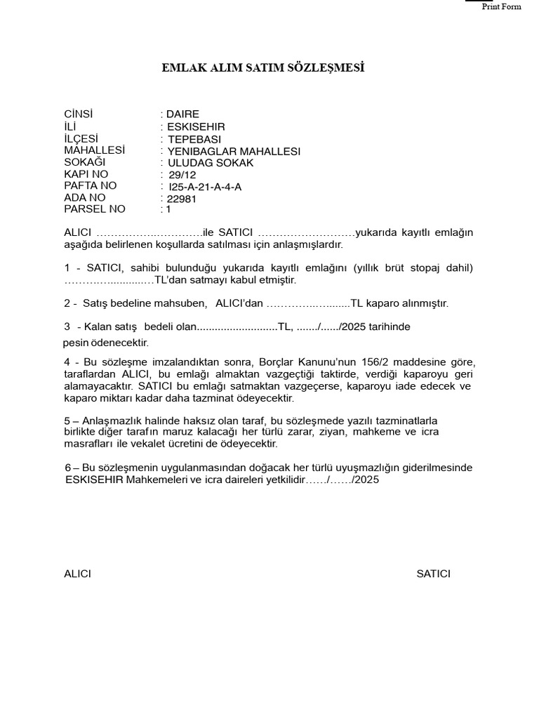 Emlak Alim Satim Sozlesmesi Belgesi | PDF