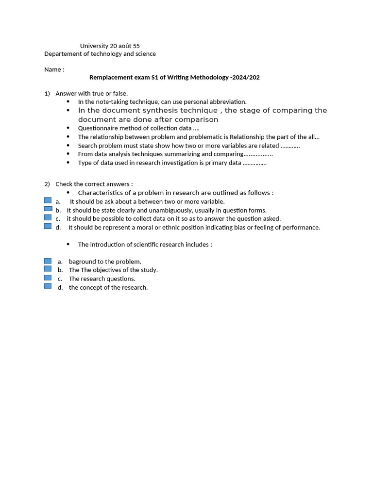 Remplacement Exam S1 of Writing Methodology (1) | PDF