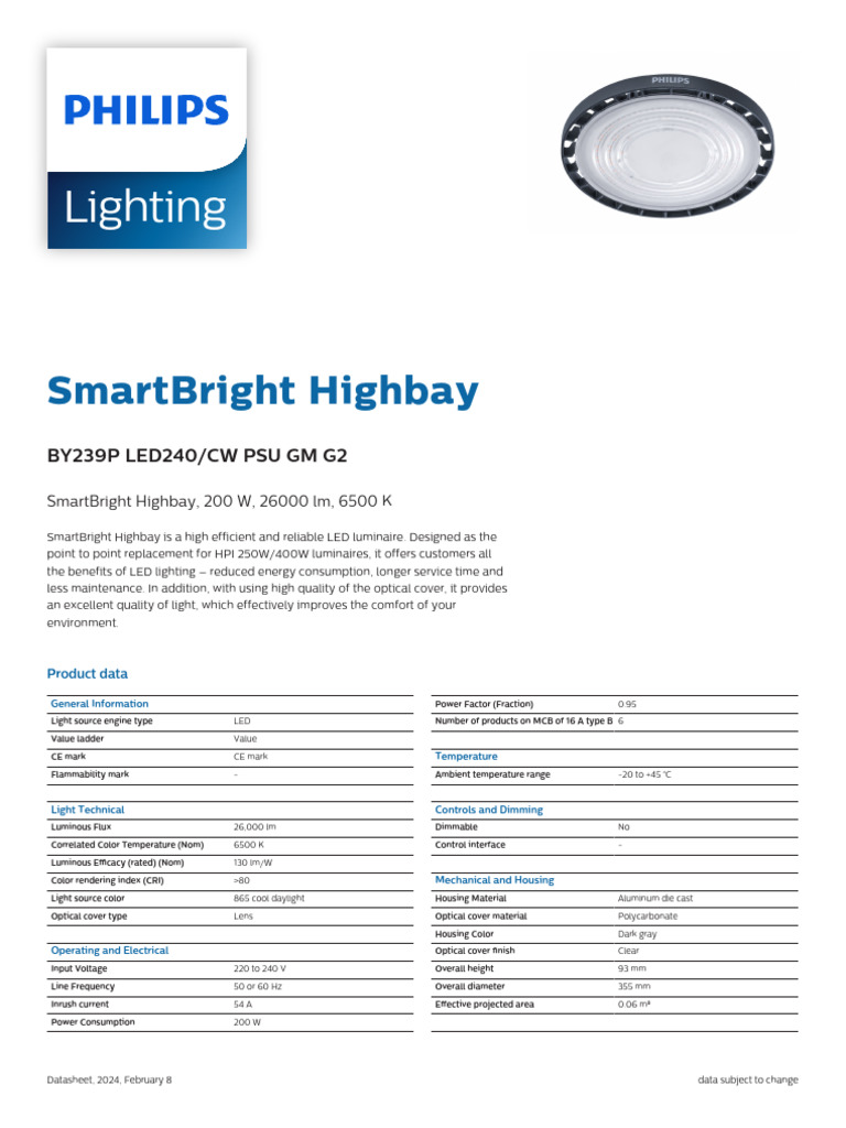 SmartBright Highbay 200W LED Overview | PDF | Lighting | Light Emitting ...