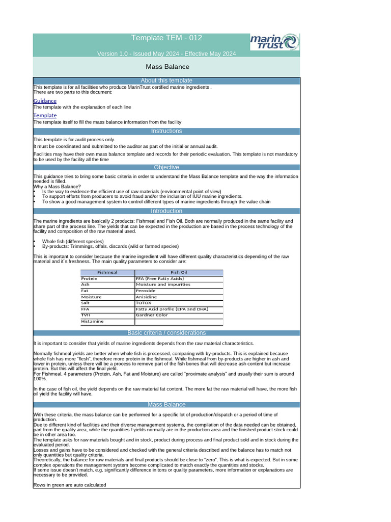 TEM - 012 MarinTrust V3 Factory Standard - Mass Balance Template | PDF ...
