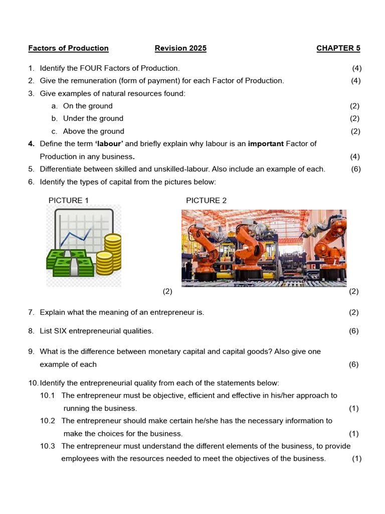 Chapter 5 Factors of Production Revision Activity | PDF