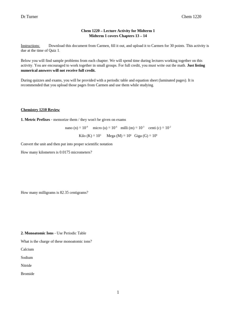 Chem 1220 - Lecture Activity 1 | PDF | Chemical Reactions | Catalysis