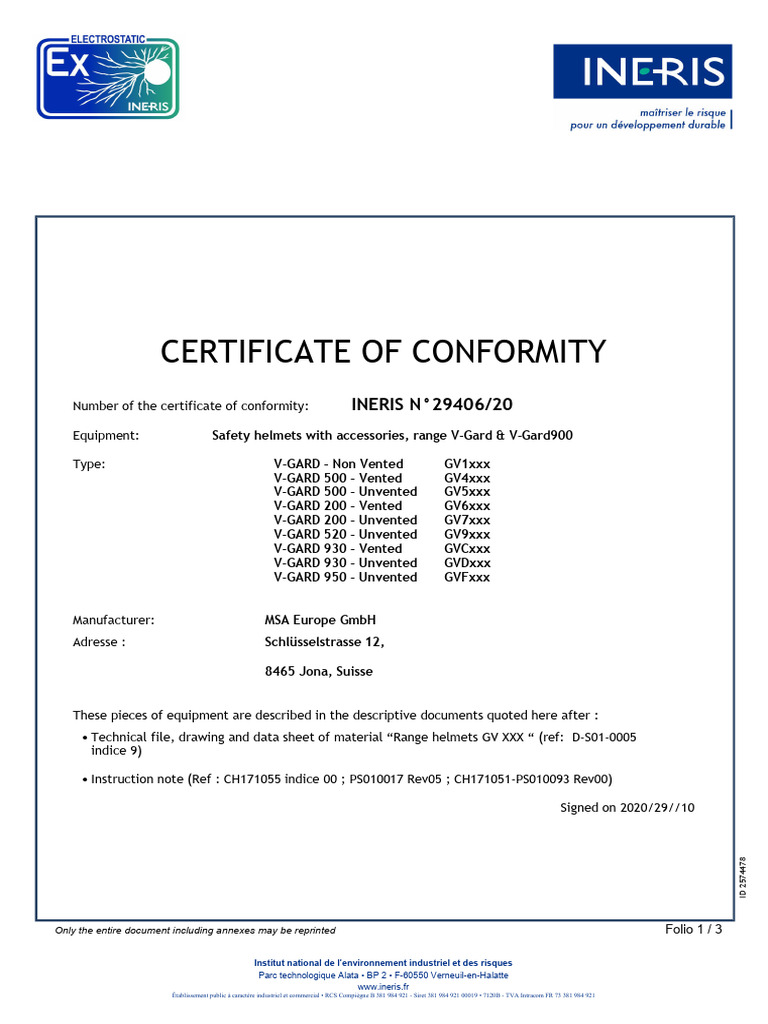 06 - V Gard - Certificate of Conformity Electrostatic Ineris - EN | PDF ...
