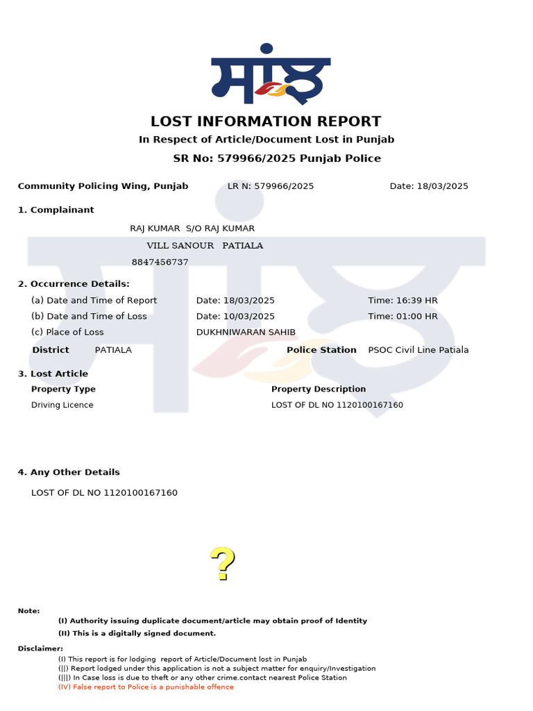 Lost Driving Licence Report Punjab | PDF