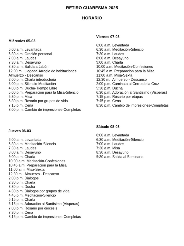 Horario Retiro Cuaresma 2025 | PDF