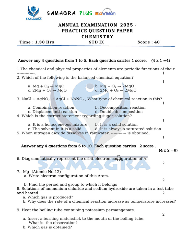 BIO-VISION - Class 9 Chemistry EM Annual Exam Model Question & Key ...