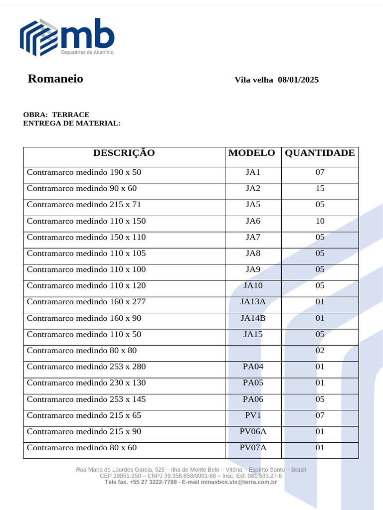 Romaneio Terrace 08-01-2025 | PDF