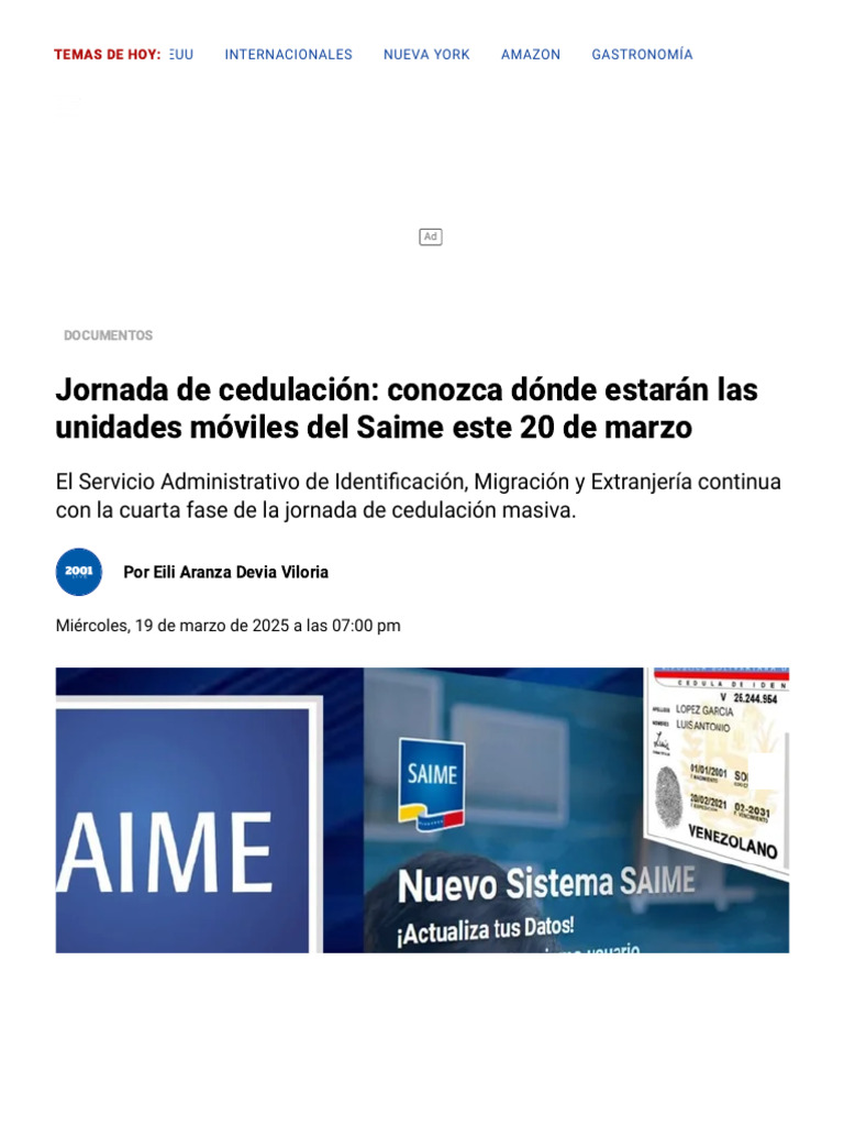 Jornada de cedulación_ conozca dónde estarán las unidades móviles del Saime este 20 de marzo ...