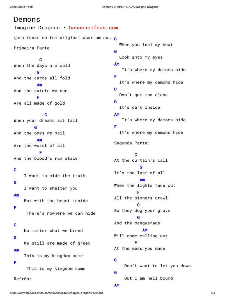 Demons - Imagine Dragons Simplified | PDF | Religious Belief And ...