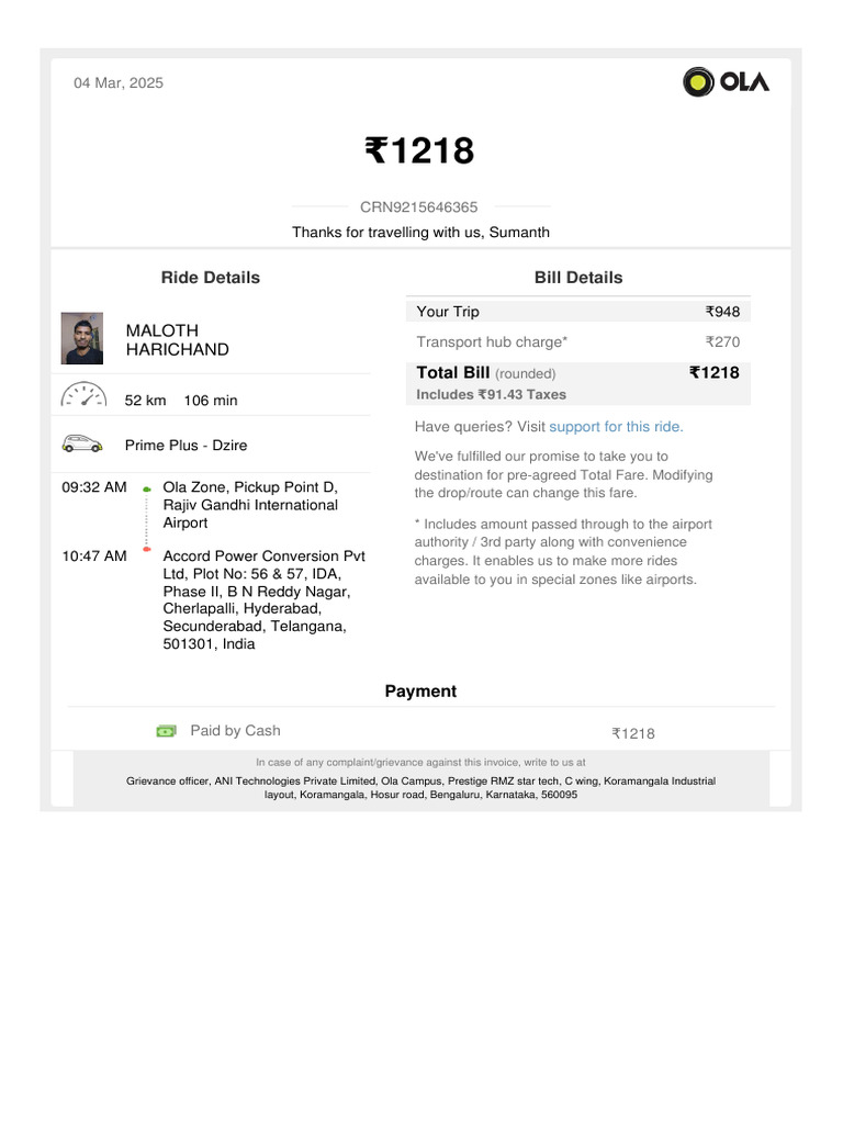 Ola Ride Invoice Summary | PDF