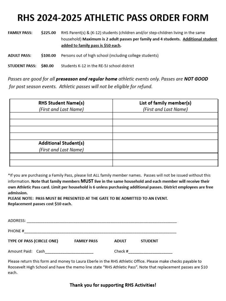 RHS 2024-2025 Athletic Pass Order Form | PDF