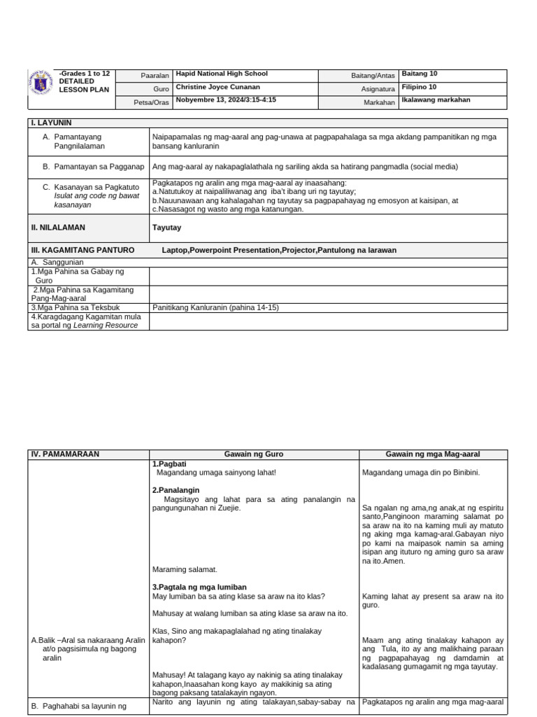 Tayutay Grade 10 | PDF