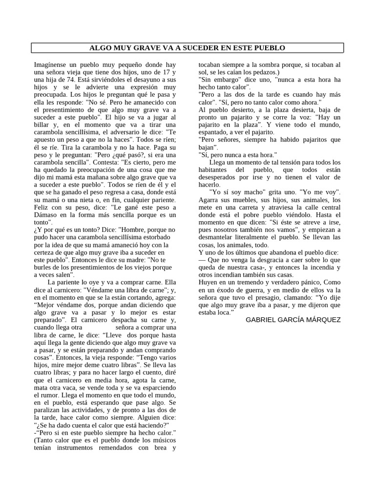 Algo Muy Grave Va A Suceder en Este Pueblo Cuento | PDF
