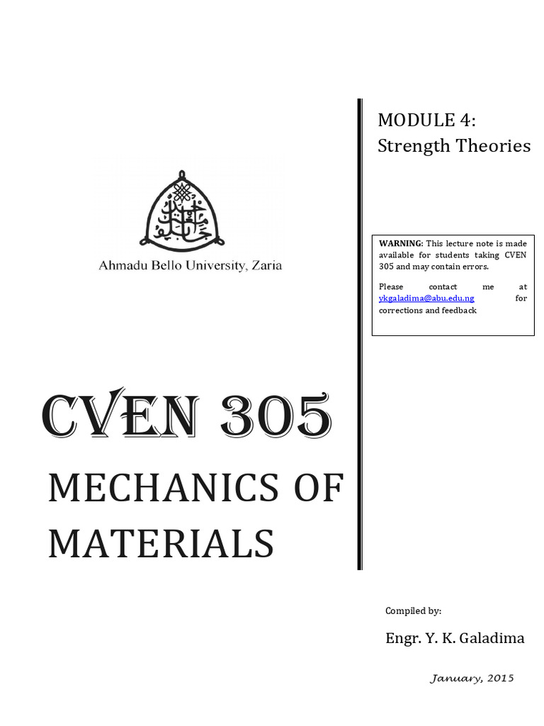 CVEN 305-Module 4-Strength Theories | PDF | Strength Of Materials | Yield (Engineering)