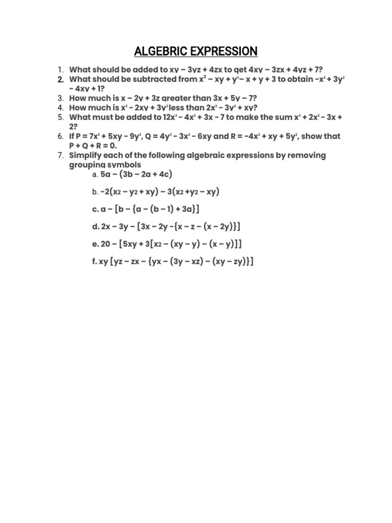 Class 7 Algebra Work Sheet | PDF