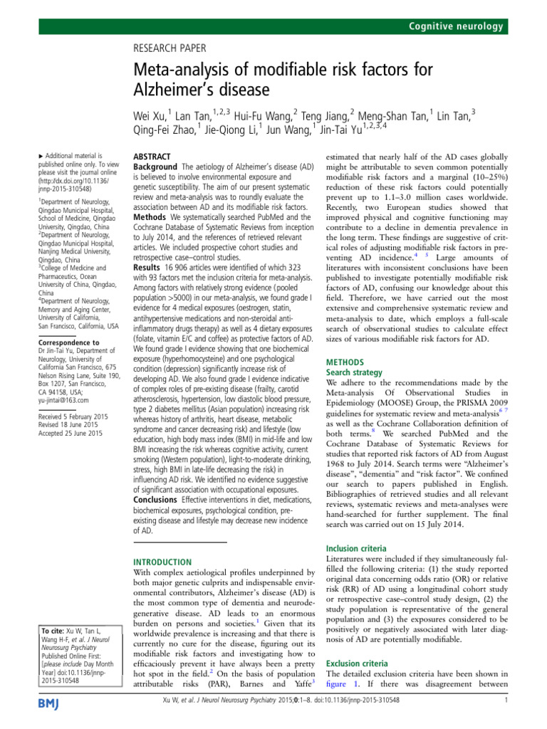 Meta-Analysis of Modifiable Risk Factors For Alzheimer's Disease | PDF ...