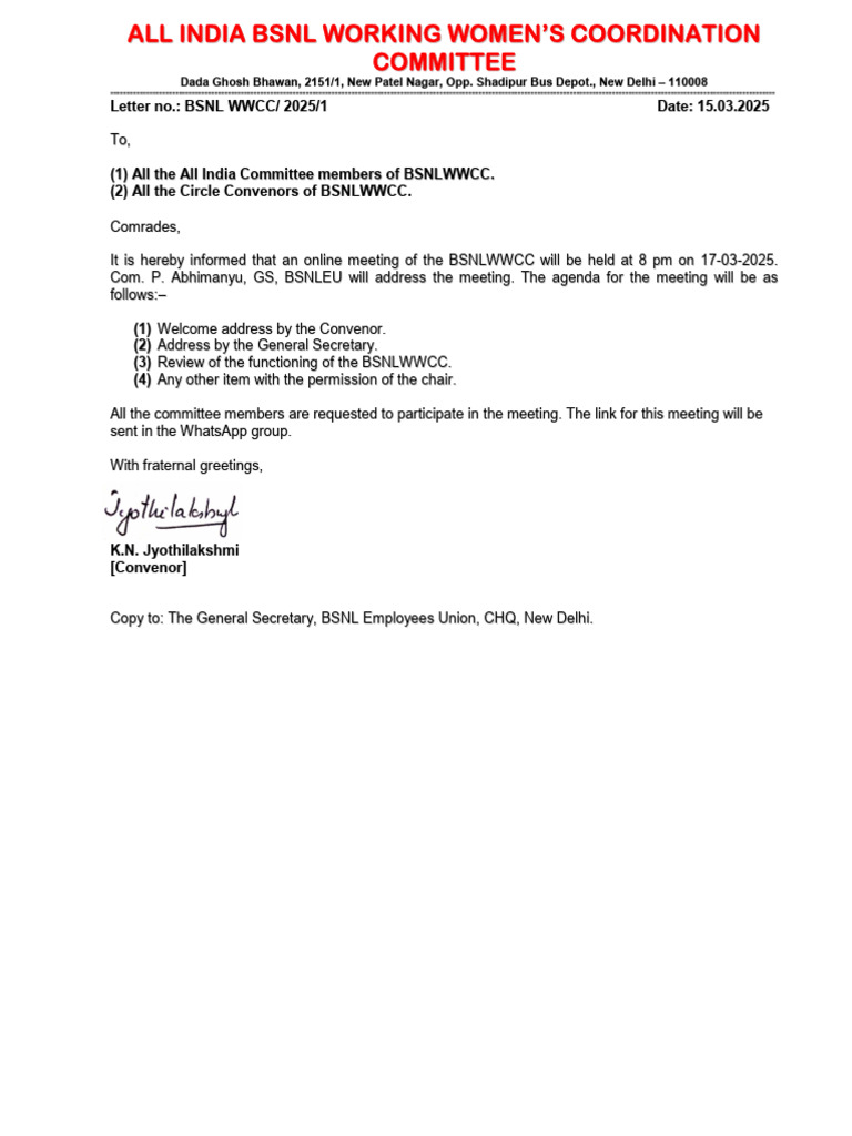 BSNL WWCC Online Meeting Notice | PDF