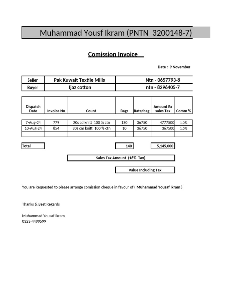 Invoice Kohinoor Textile, Pak KuwaitOctober 2024 | PDF | Textiles ...