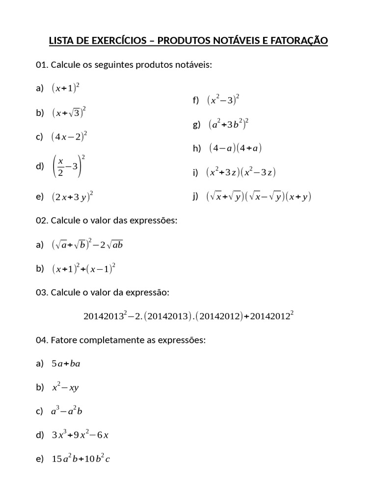 Exercícios - Produtos Notáveis e Fatoração - Parte 1 | PDF
