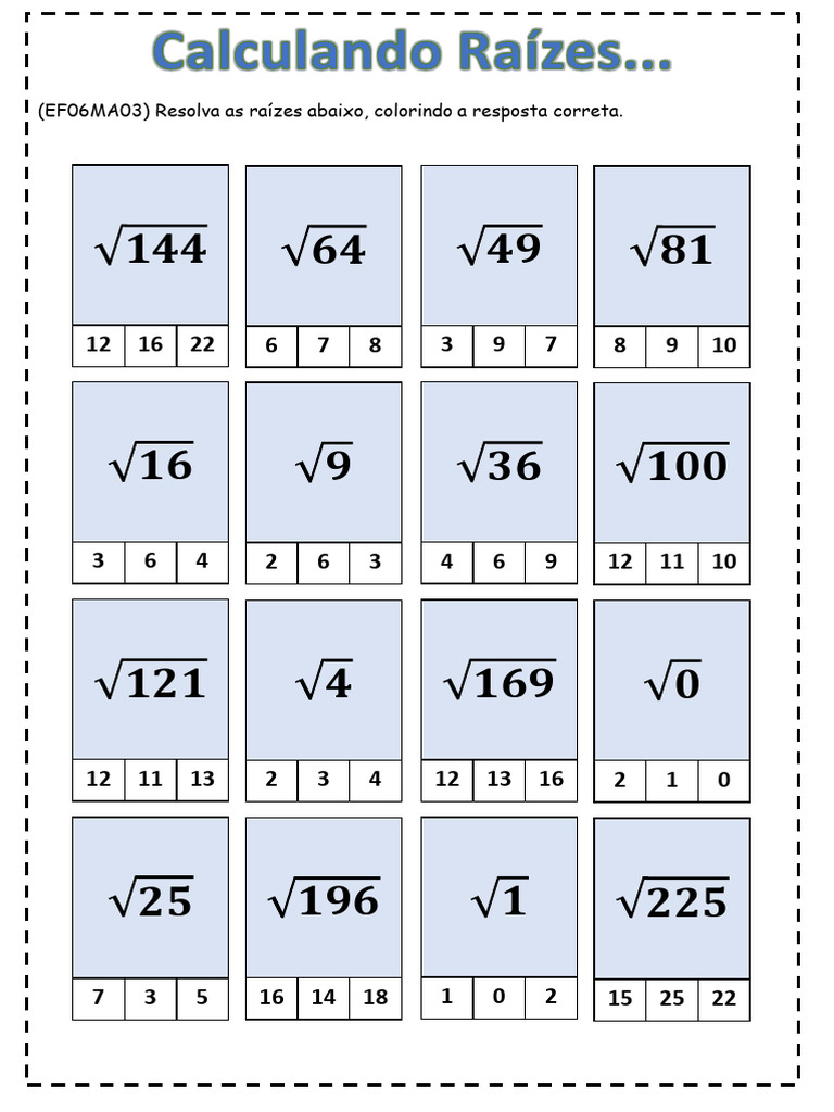 Cópia de EF06MA03 - ATIVIDADE - CALCULANDO RAÍZES | PDF