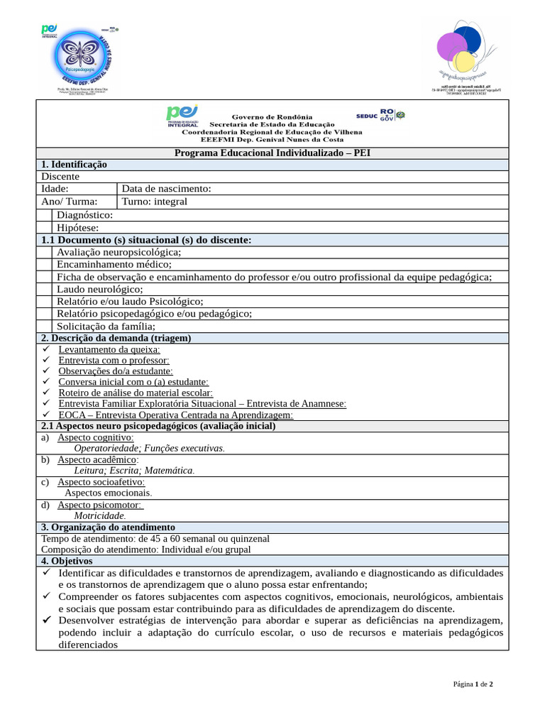 PEI Modelo | PDF | Pedagogia | Aprendizado