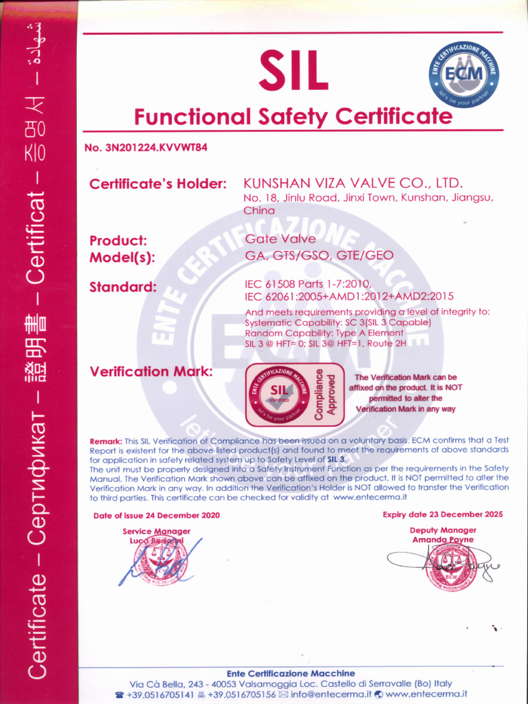 SIL Certificate-VIZA-Gate Valve - 2020-12-24 2025-12-23 | PDF