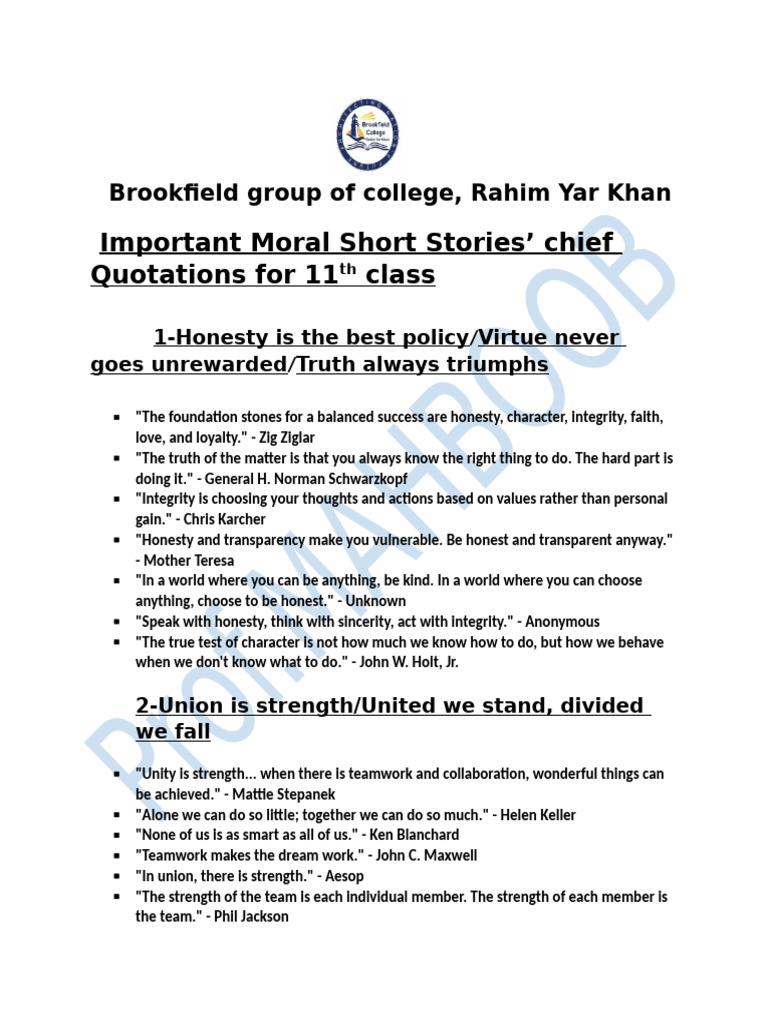 Important Moral Short Stories | PDF | Integrity