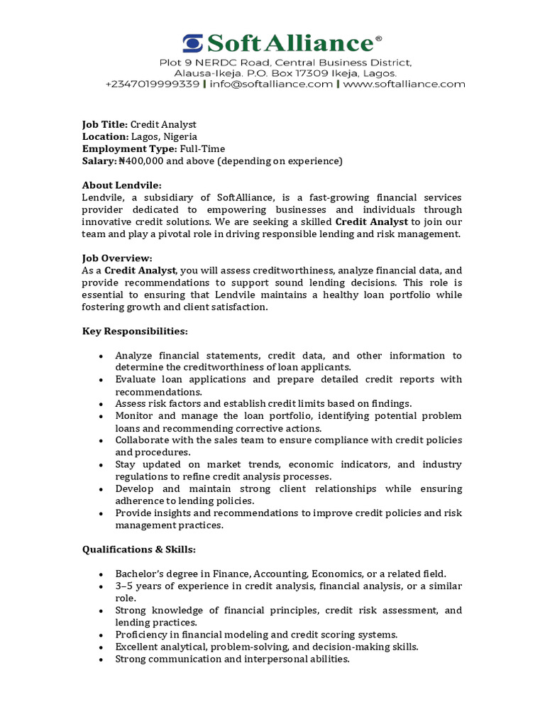 Credit Analyst Job Description at Lendvile | PDF | Financial Analyst ...