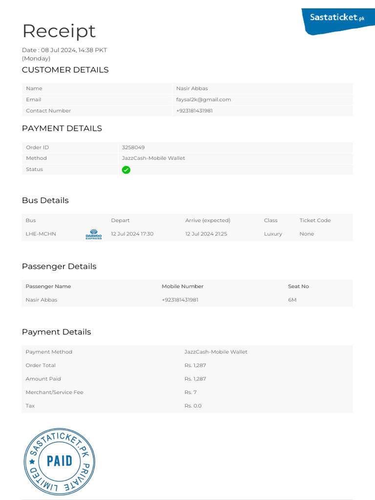 Bus Ticket Receipt for Nasir Abbas | PDF