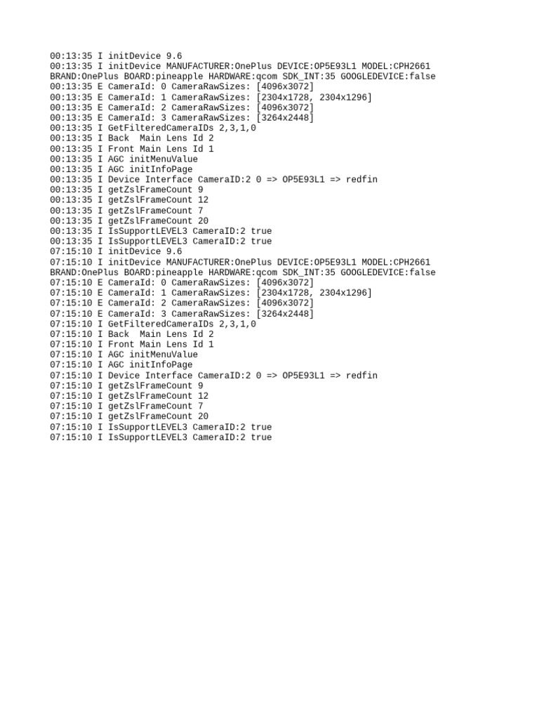 OnePlus OP5E93L1 Camera Initialization Logs | PDF