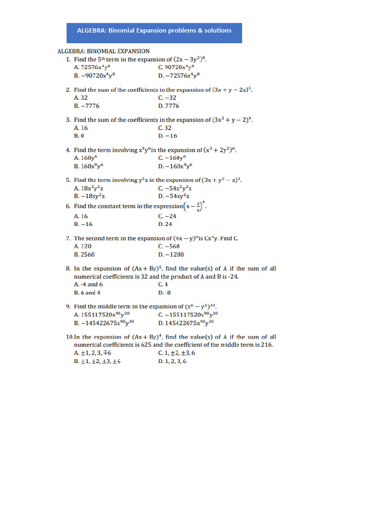 Binomial Expansion - ALGEBRA - Problems & Solutions | PDF